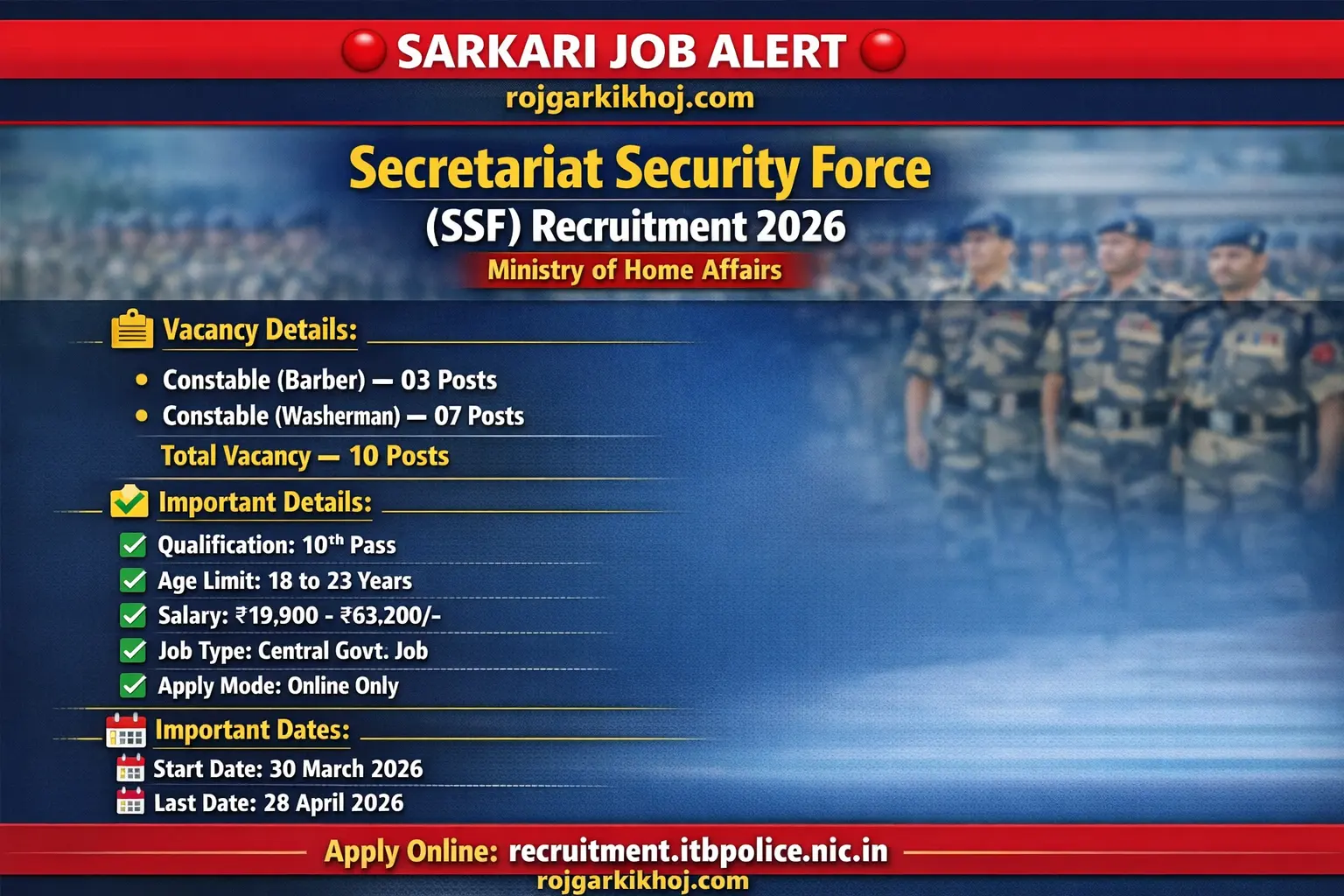 SSF Constable Recruitment 2026 [Post 10]- Washerman & Barber Post